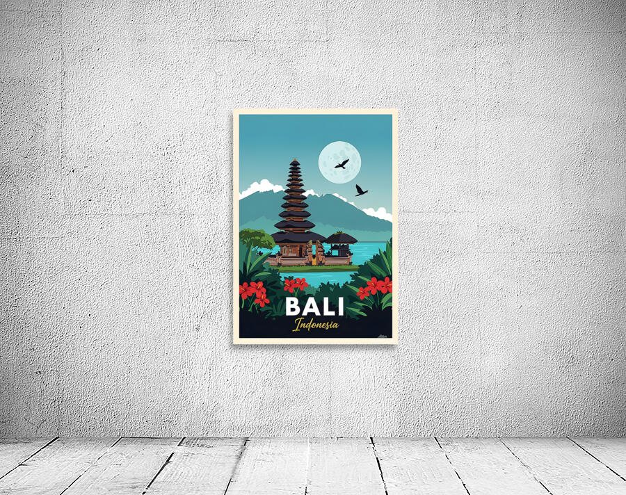 Iconic balinese temple and tropical scenery with full moon and birds by ...