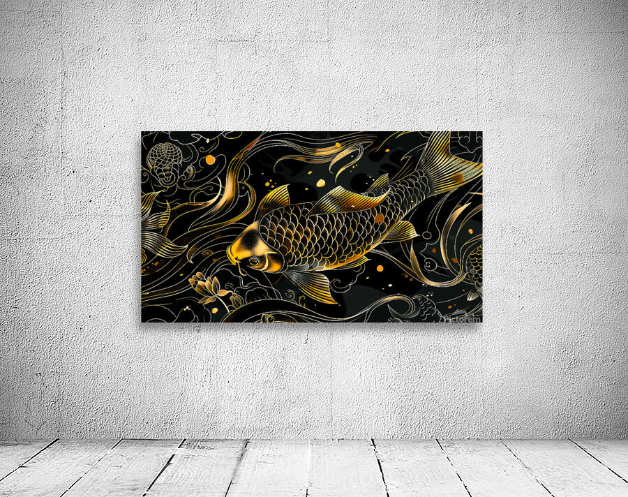 Golden koi fish in oriental art style by Gualtiero Boffi Wall Art