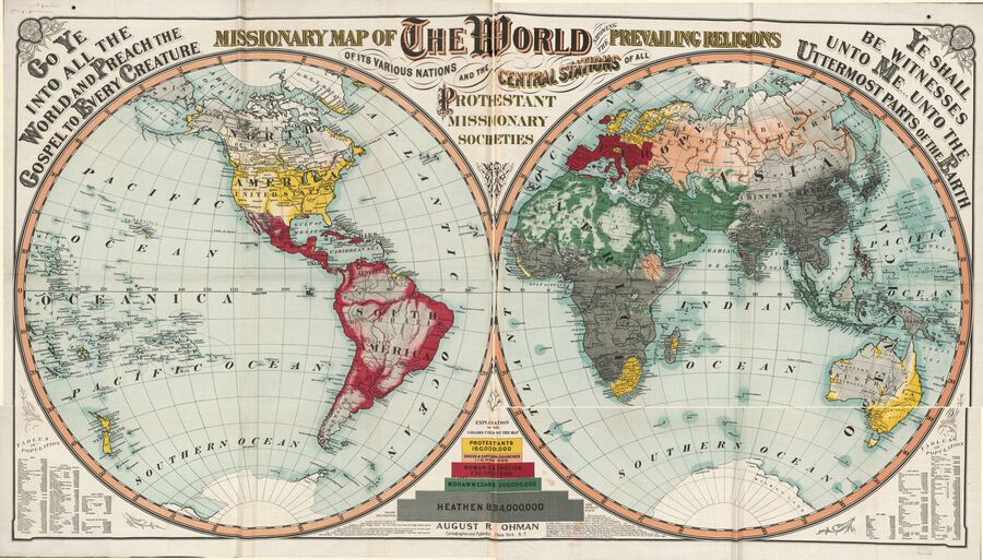 Missionary map of the world showing prevailing religions by ...