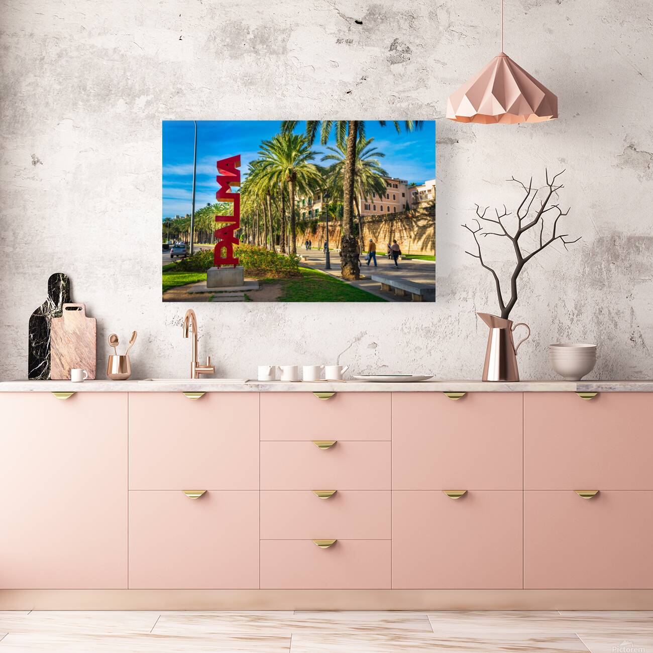 Palma de Majorca city center with palm tree alley and view of Palma ...